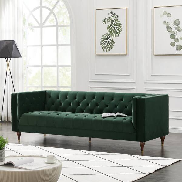 Ashcroft Furniture Co Hector 87 in W Square Arm Luxury Modern Chesterfield Velvet Sofa in Dark Green Seats 3 HMD00240
