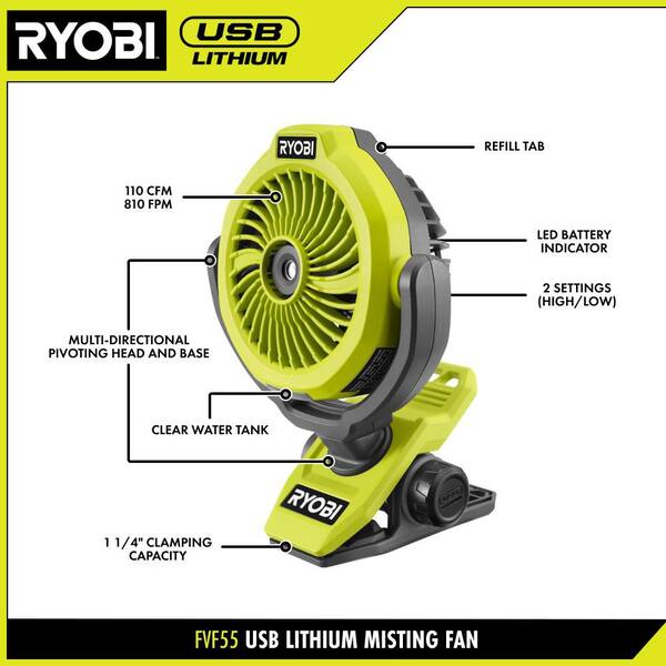 RYOBI USB Lithium Cordless Misting Clamp Fan Kit with USB Lithium 2Ah ...
