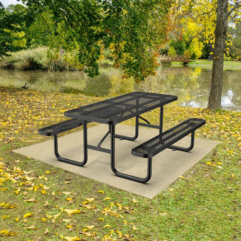 Runesay Outdoor 72 in. Black Rectangle Steel Picnic Table Seats 4-6 ...
