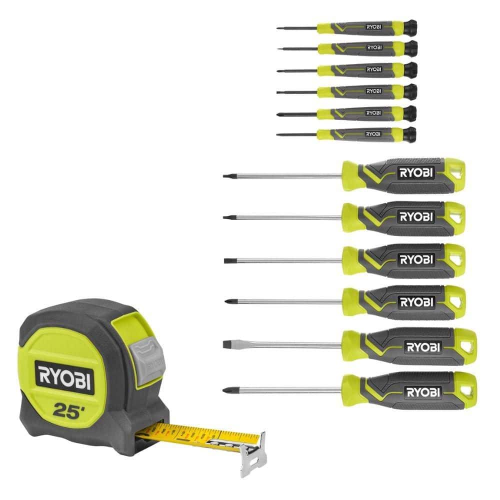 RYOBI 25 Ft. Compact Tape Measure with Screwdriver Set (12-Piece) with ...