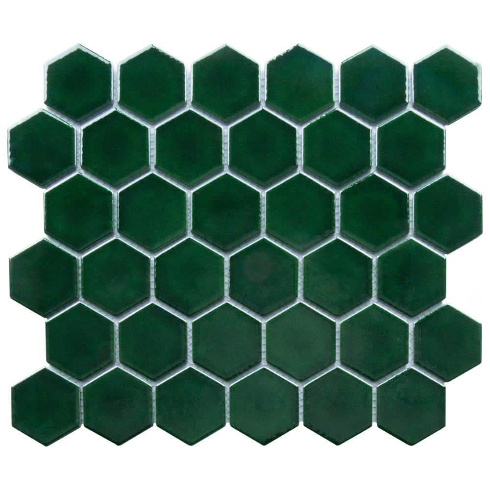 Merola Tile Metro Ion 2" Hex Emerald 6 in. x 6 in. Porcelain Mosaic ...