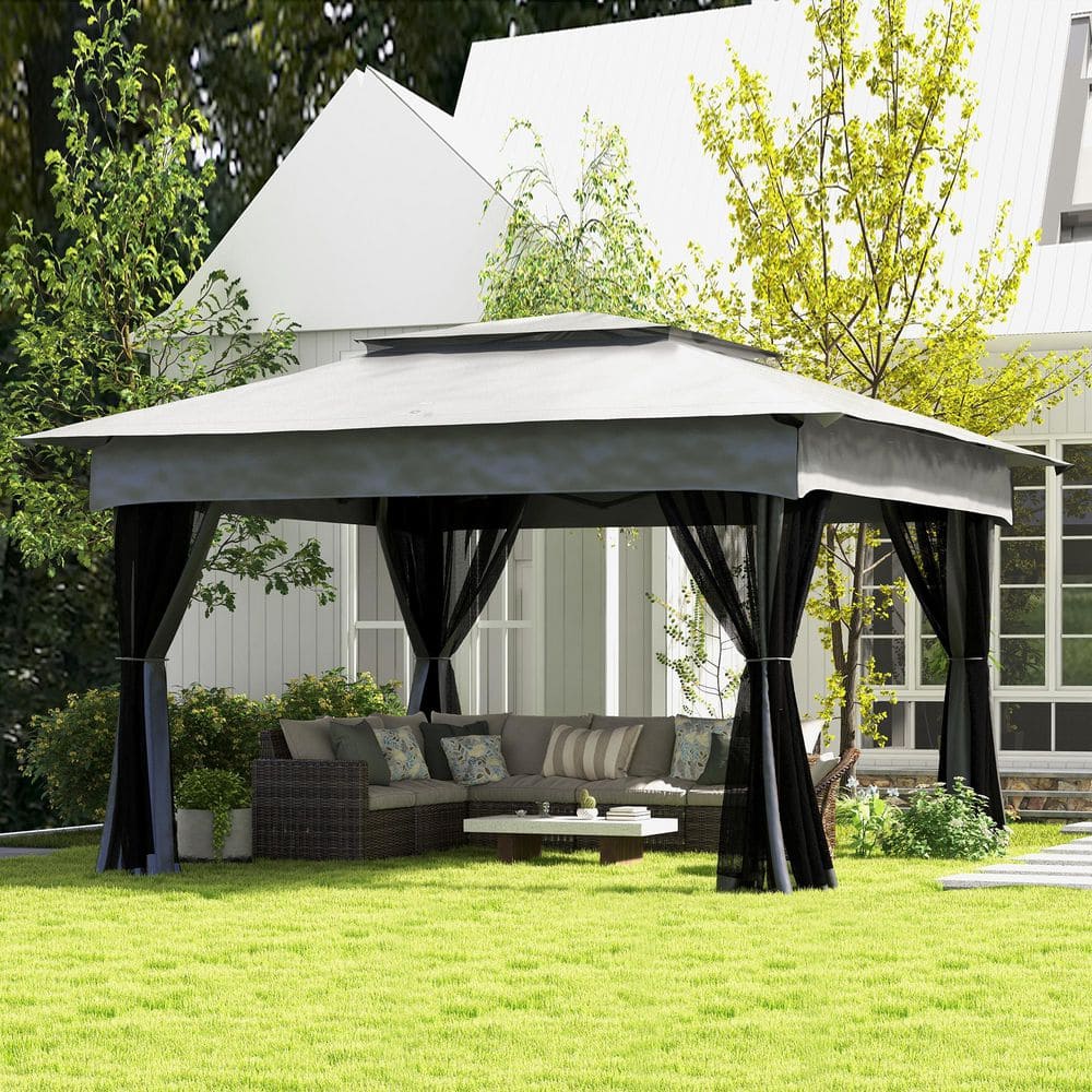 11 ft. x 11 ft. Light Gray Metal Outdoor Pop-Up Canopy with Removable ...
