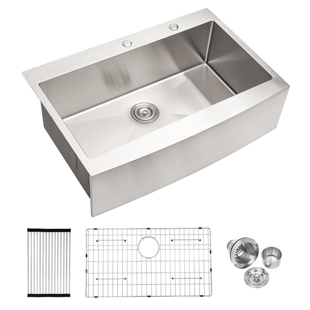 ANGELES HOME 33 in. W Farmhouse Undermount Single Bowl 16-Gauge Brushed ...