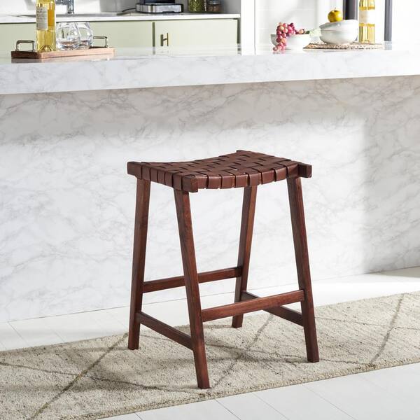 SAFAVIEH Abreu 26.77 in. Cognac/Walnut Backless Wood Frame Counter ...