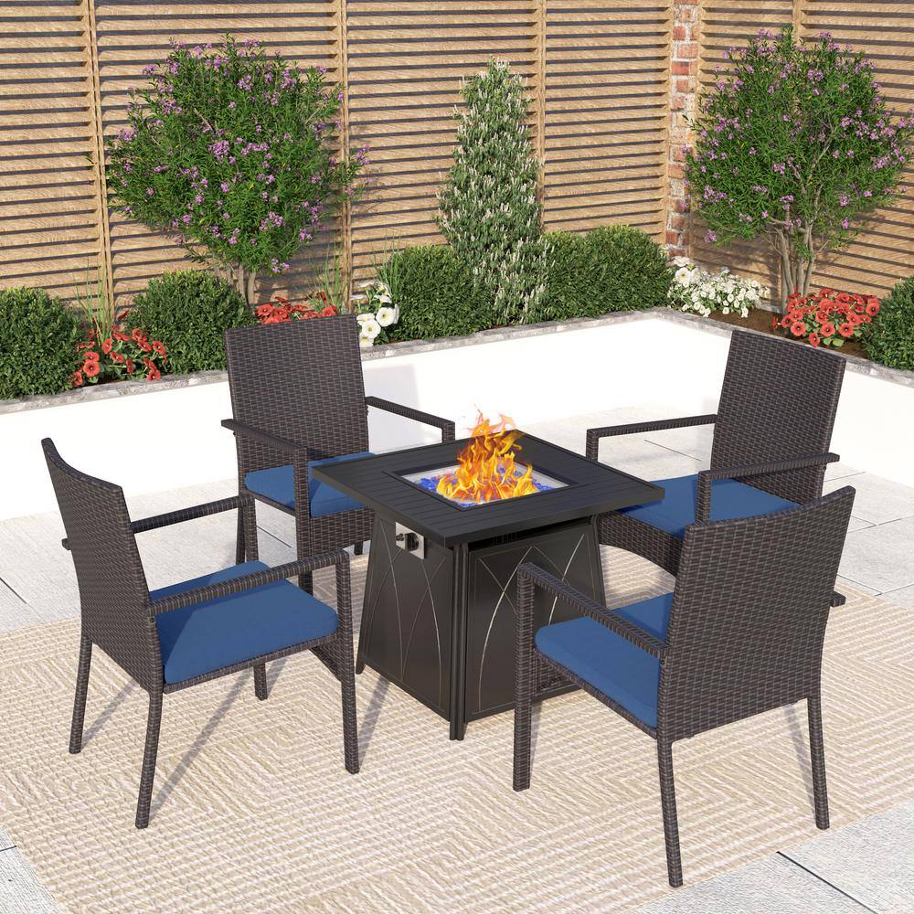 PHI VILLA Black 5-Piece Metal Patio Fire Pit Set with Rattan Chair with ...