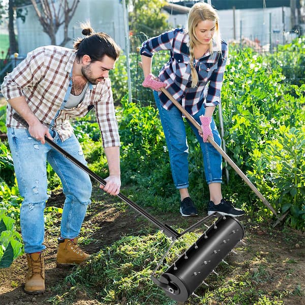 Costway 21 in. Manual Lawn 36 Tine Spike Aerator Grass Aeration Tool Filled with Sand or Stone in Black HCST02955 The Home Depot