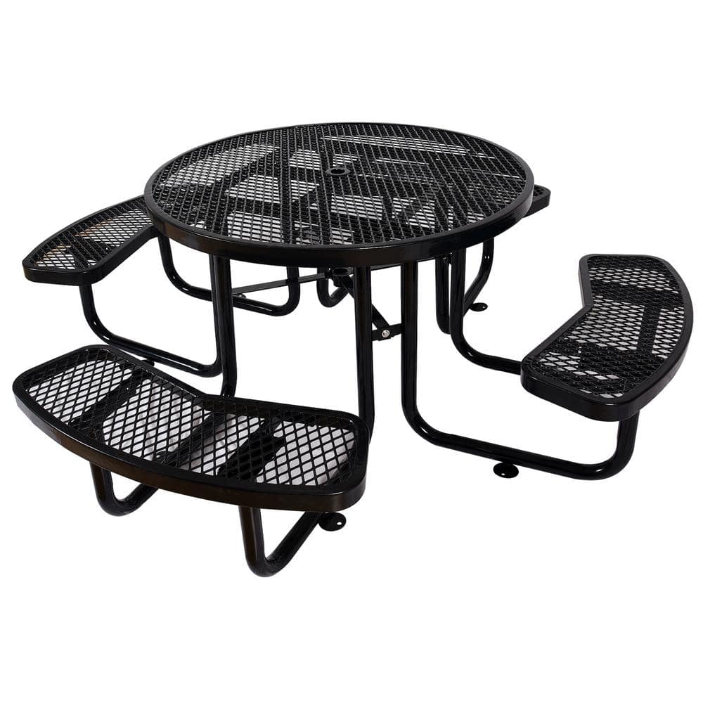 Sudzendf 46 in. Black Round Outdoor Steel Picnic Table, with umbrella ...