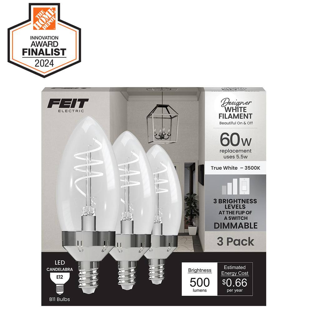 Feit Electric 60W Equivalent B11 E12 Candelabra Switch to Dim White ...