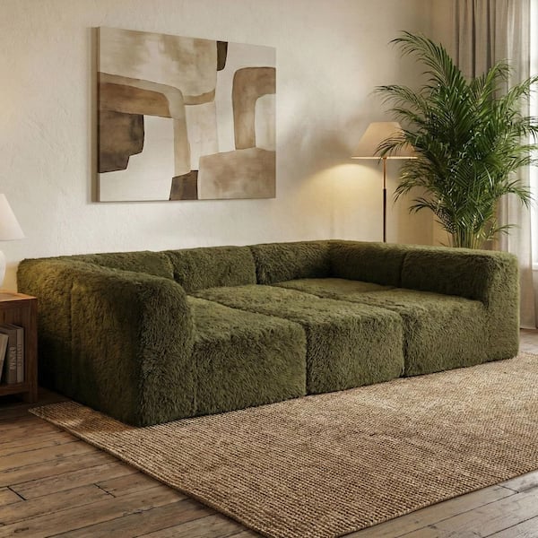 Furniture of America Getty 107 in. Olive Green Solid Faux Fur Fabric ...