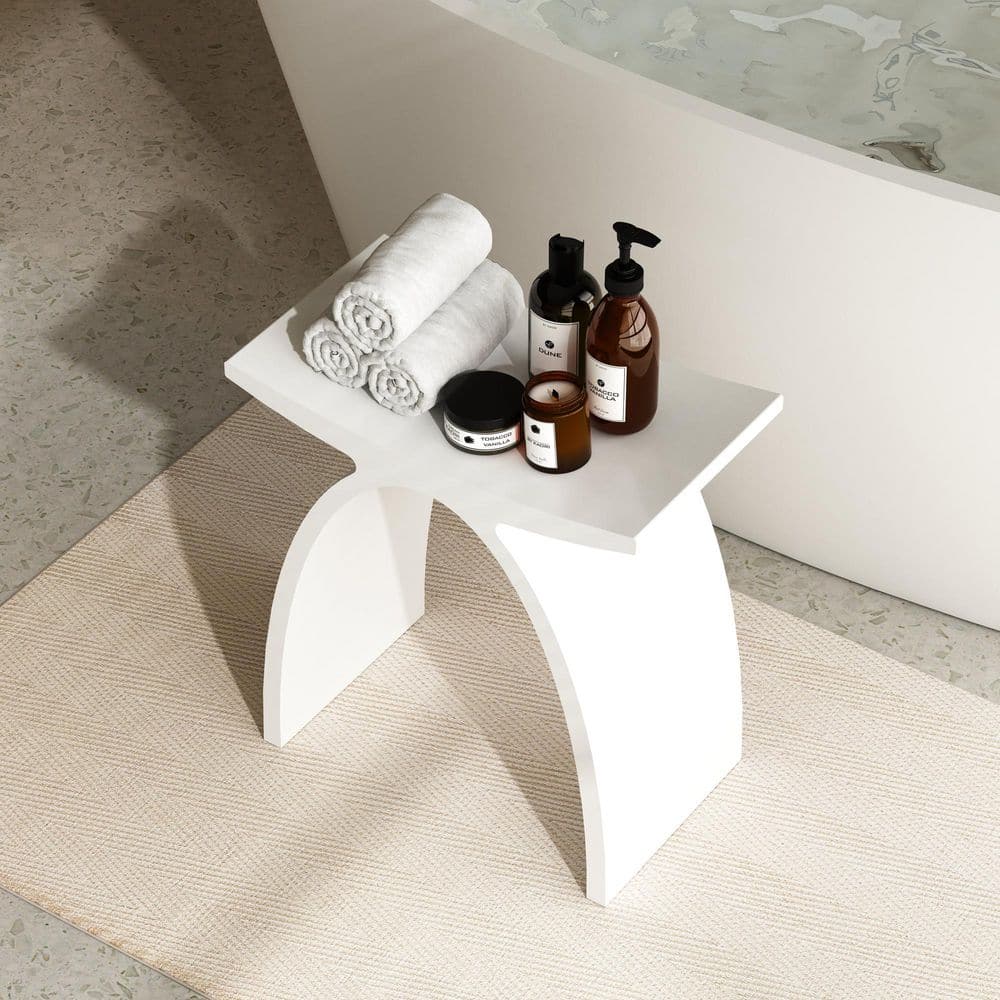 VANITYFUS 9.06 in. W Solid Surface Shower Stool Free-standing Waterproof Vanity Seat in Matte ...