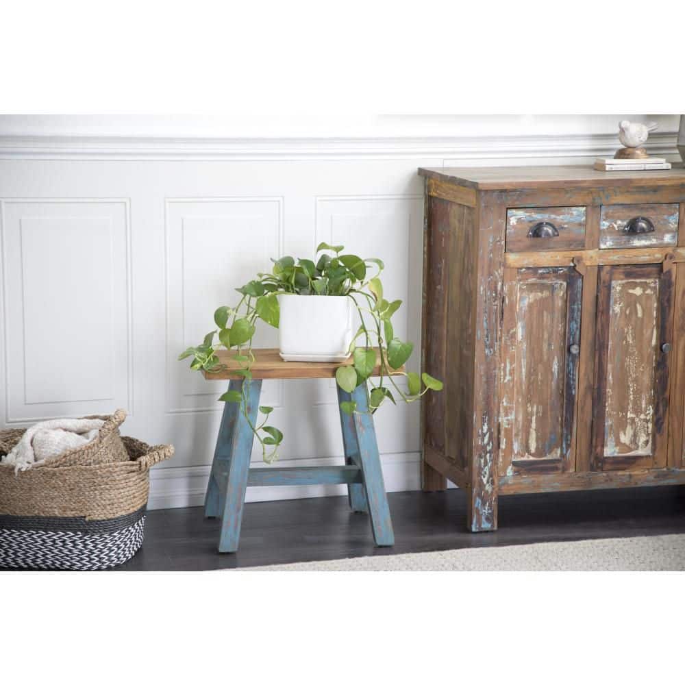 Litton Lane 18 in. Blue Wood Stool with Brown Wood Top 36921 - The Home ...