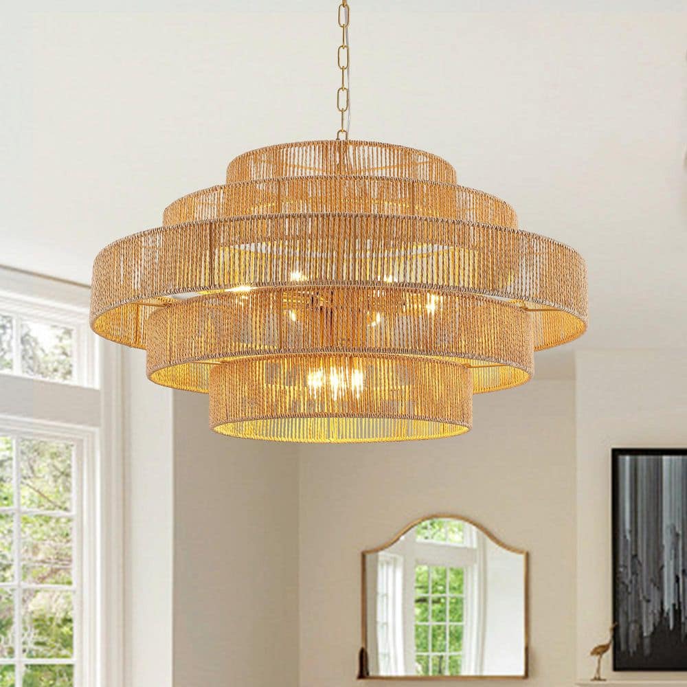 WDETR 12-Light Natural Adjustable Gold Dimmable 5-Tier Hand-Woven Chandelier with Rattan Shaded ...