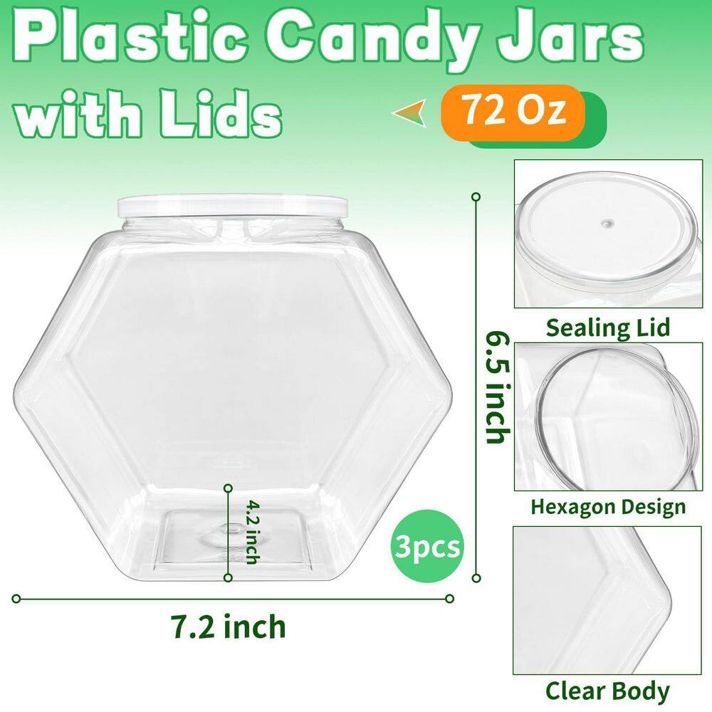 Wudkey 3 of Piece Clear Plastic 72 oz. Hexagon Candy Jars with Lid for ...