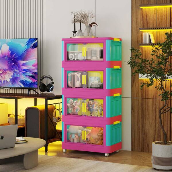 20 in. Blue Pink Plastic Folding Storage Cabinet w/Wheel 5-Tier ...