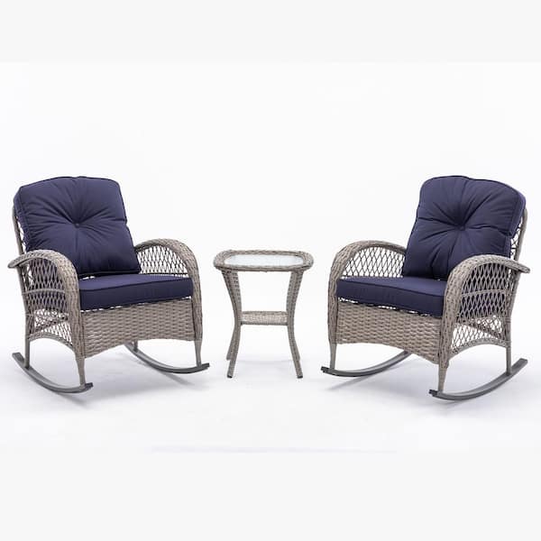 BTMWAY 3-Piece PE Wicker Outdoor Rocking Chair Set with Navy Blue ...