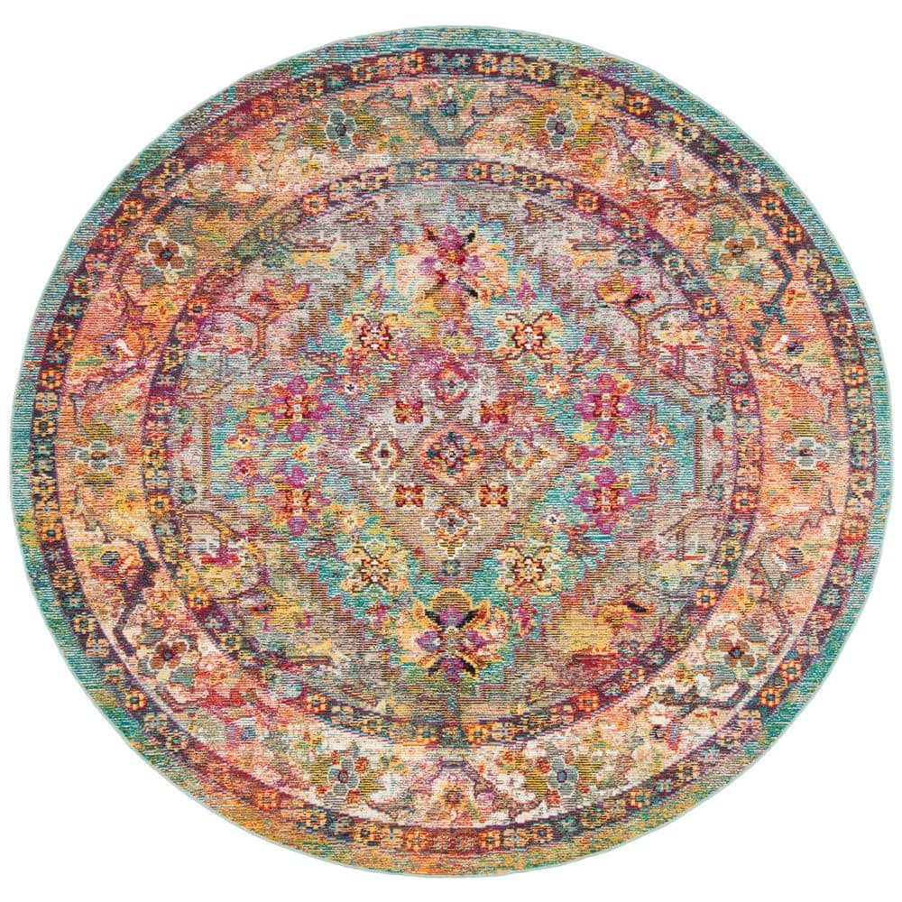 SAFAVIEH Crystal Light Blue/Orange 7 ft. x 7 ft. Border Medallion Round ...