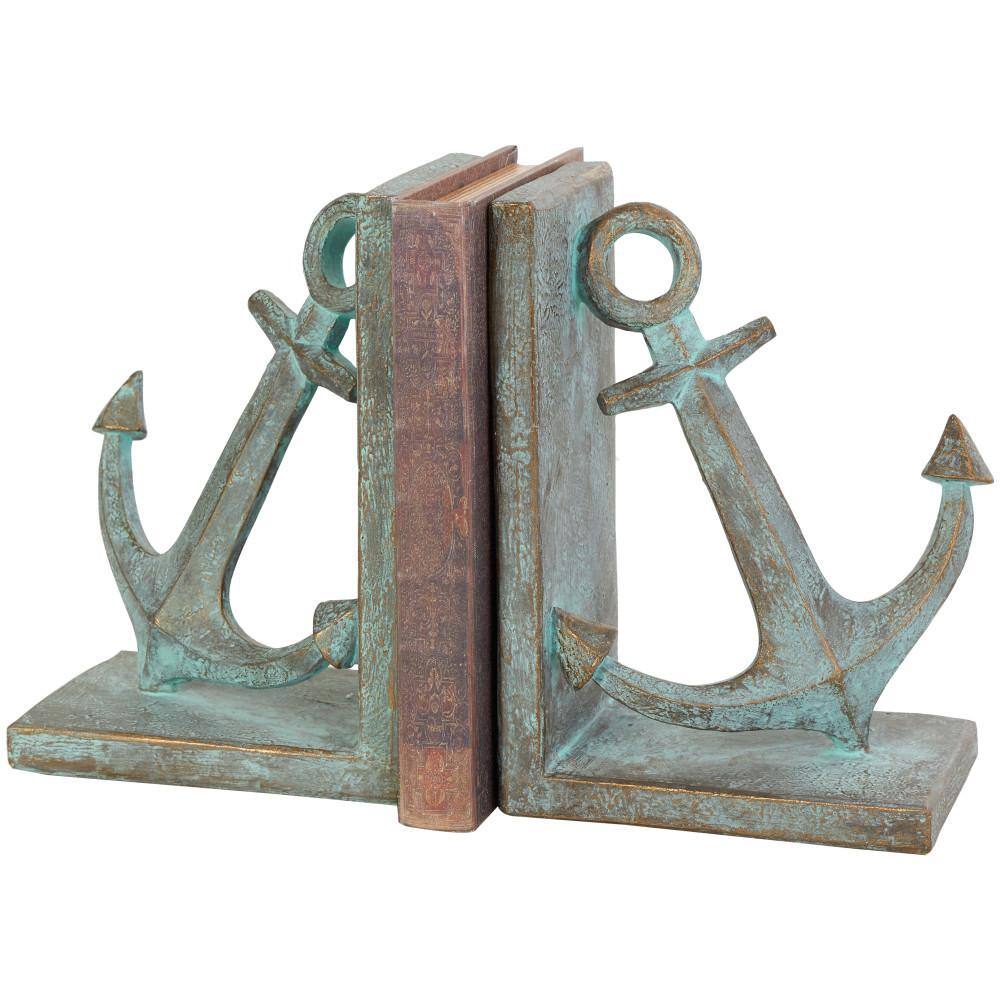 Litton Lane Blue Polystone Distressed Patina Anchor Bookends with Gold Foil Accents (Set of 2 ...