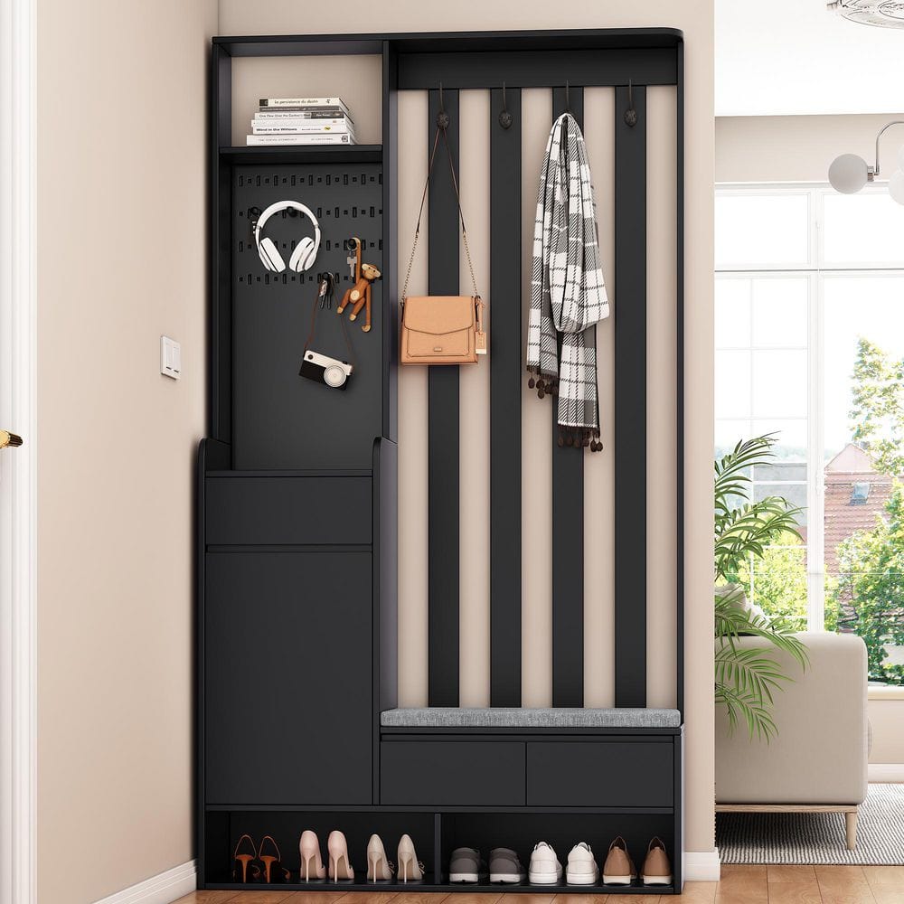 39.3 in. W x 11.8 in. D x 70.8 in. H Black Wood Hall Tree with Pegboard ...