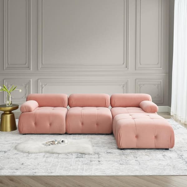 93 in Wide Pillow Top Arm Velvet L Shaped Modern Upholstered Modular Sectional Sofa in Pink