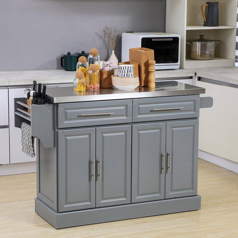 Ziyudura Gray stainless Steel Top 17. 75 in. Kitchen Island with Drop ...