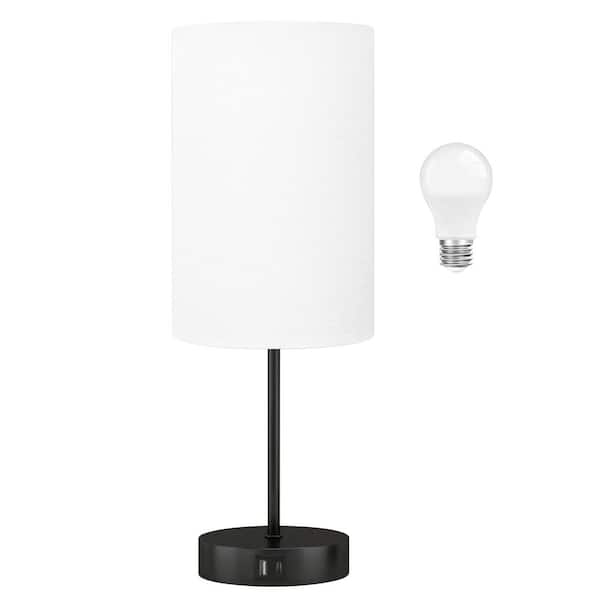 14 in. Black Lantern Table Lamp for Bedroom with Dual Charging Station ...