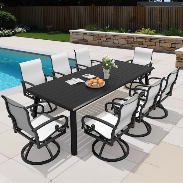 CLOUDFLY 9-Piece Outdoor Dining Set Patio Black Table and Oyster Chairs ...