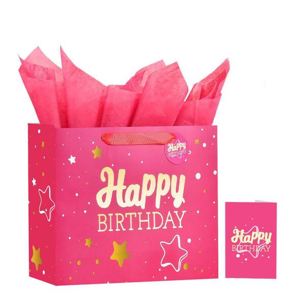 LIJSRBU Pink Happy Birthday Gift Bag with Tissue Paper and Greeting ...