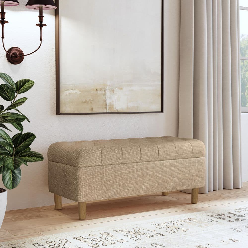 Homepop Light Tan Button Tufted Cream 40 in Bedroom Bench Backless with ...