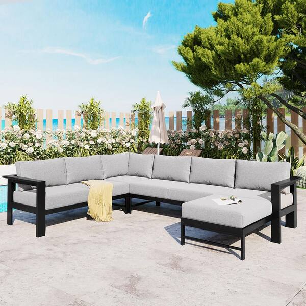 Black Frame Metal Outdoor Sectional Sofa Set U Shaped Multi Person Patio Sofa Set with Grey Cushions for Gardens