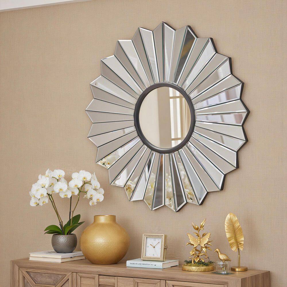 Wooakway Black 31 in. Wx 31 in. H Modern Novelty Accent Mirror Floral ...