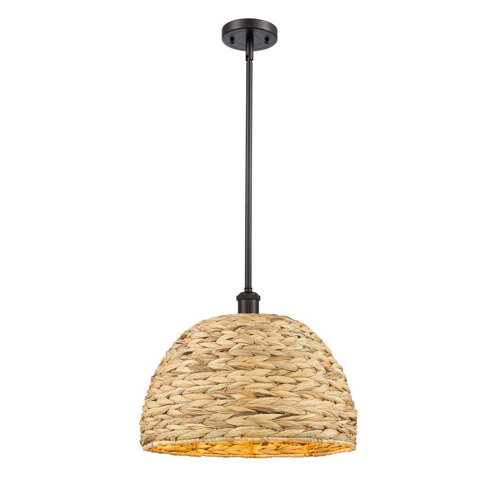 Innovations Woven Rattan 100-Watt 1-Light Oiled Brass Shaded Mini ...