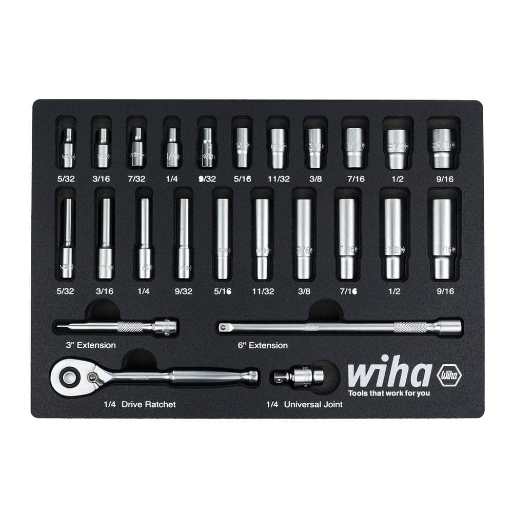 Wiha 1/4 in. Deep Socket Tray Set - SAE (25-Piece) Drive Professional ...