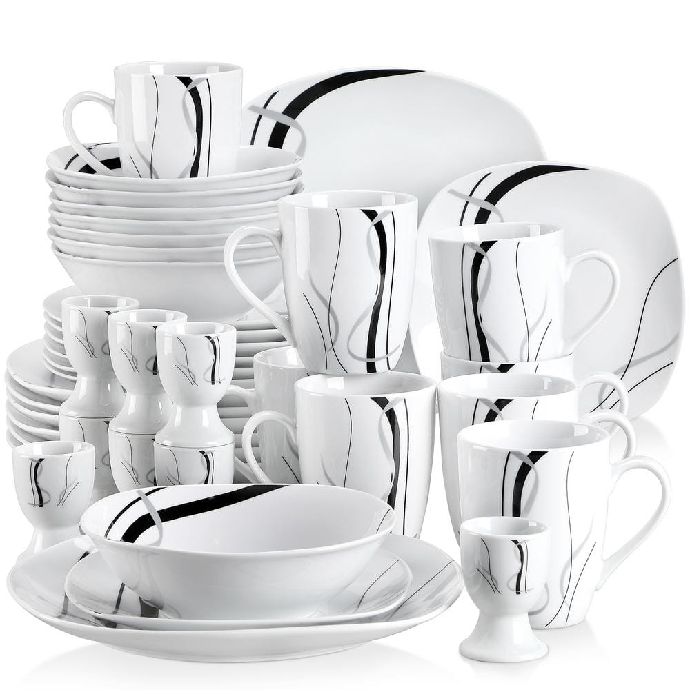 VEWEET 40-Piece Black Gray Lines Ivory White Porcelain Dinnerware (Set ...