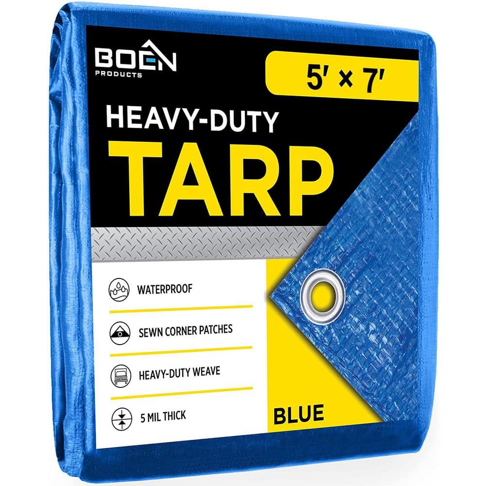 BOEN 5 ft. x 7 ft. Multi-Purpose Blue Poly Tarp Cover 5 Mil Thick Weave ...