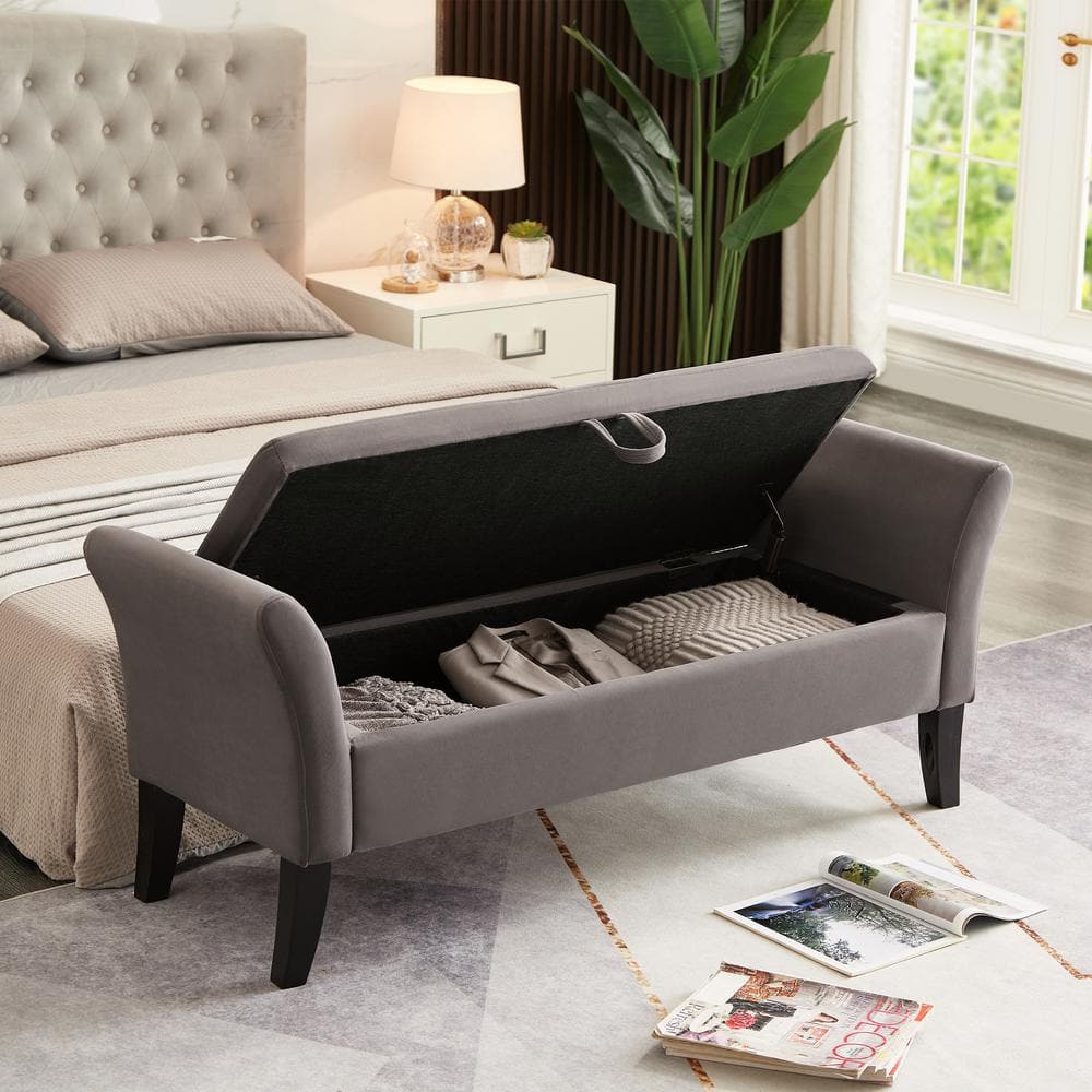 Harper & Bright Designs Gray 51.5 in. Velvet Bedroom Bench, Storage ...