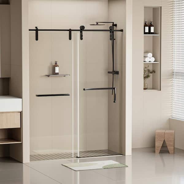 ANGELES HOME 56-60 in. W x 74 in. H Sliding Frameless Shower Door in Brushed Nickel Finish with ...