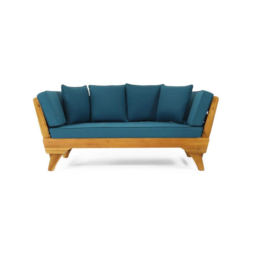Expandable Acacia Wood Outdoor Day Bed with Blue Cushions, Outdoor ...