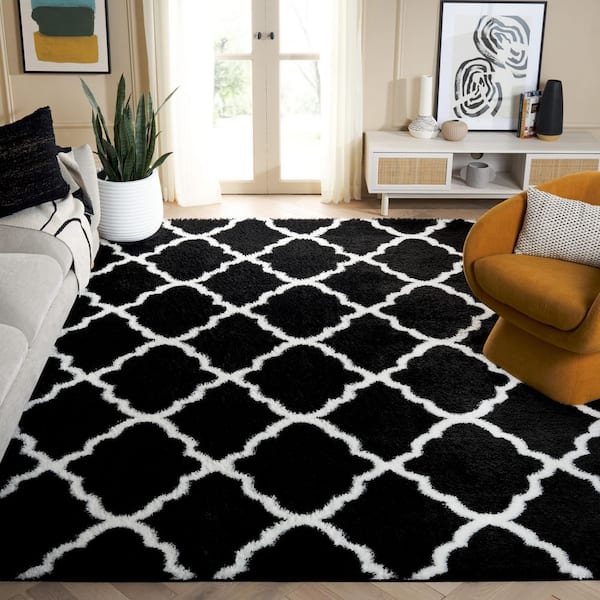 SAFAVIEH Tahoe Shag 9 ft. x 12 ft. Black/White Trellis Diamond Area Rug ...