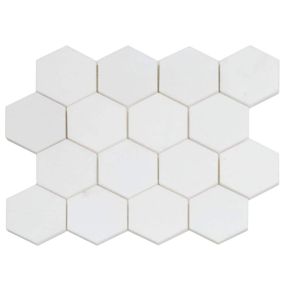 Apollo Tile Nubes 4 in. x 5 in. Honed Snow White Marble Mosaic Hexagon ...