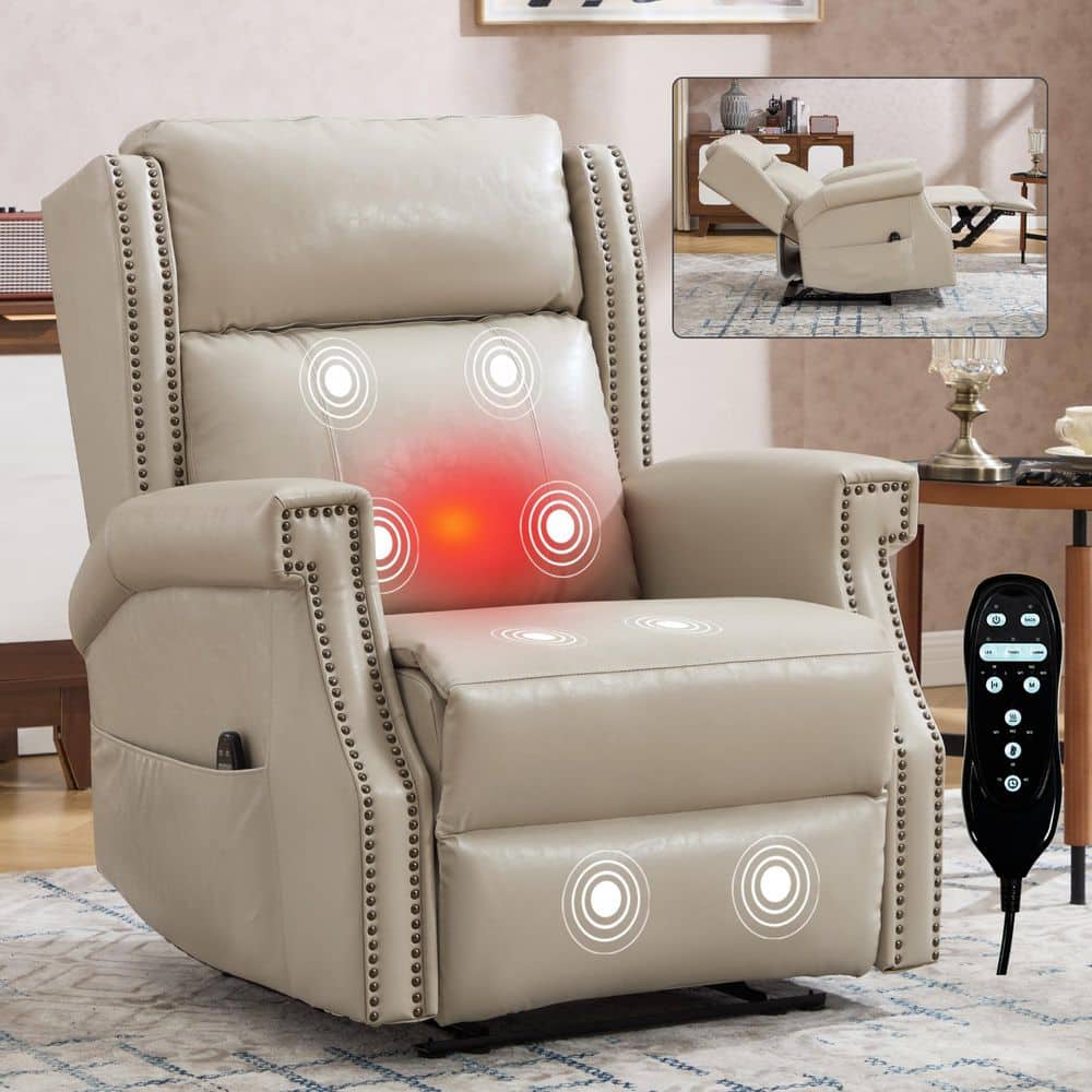 aisword Beige High-End Leather Manual Recliner Chair with Massage and ...