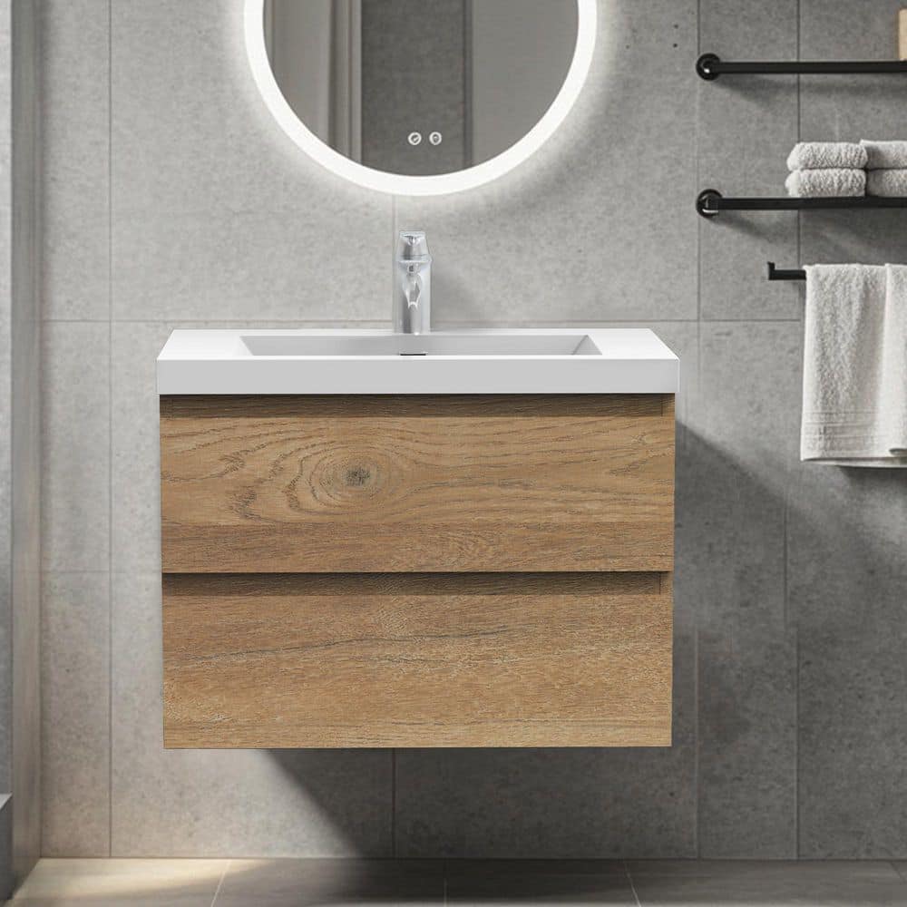 Feelive 30 in. Wall-Mounted Floating Bath Vanity in Natural Oak with ...