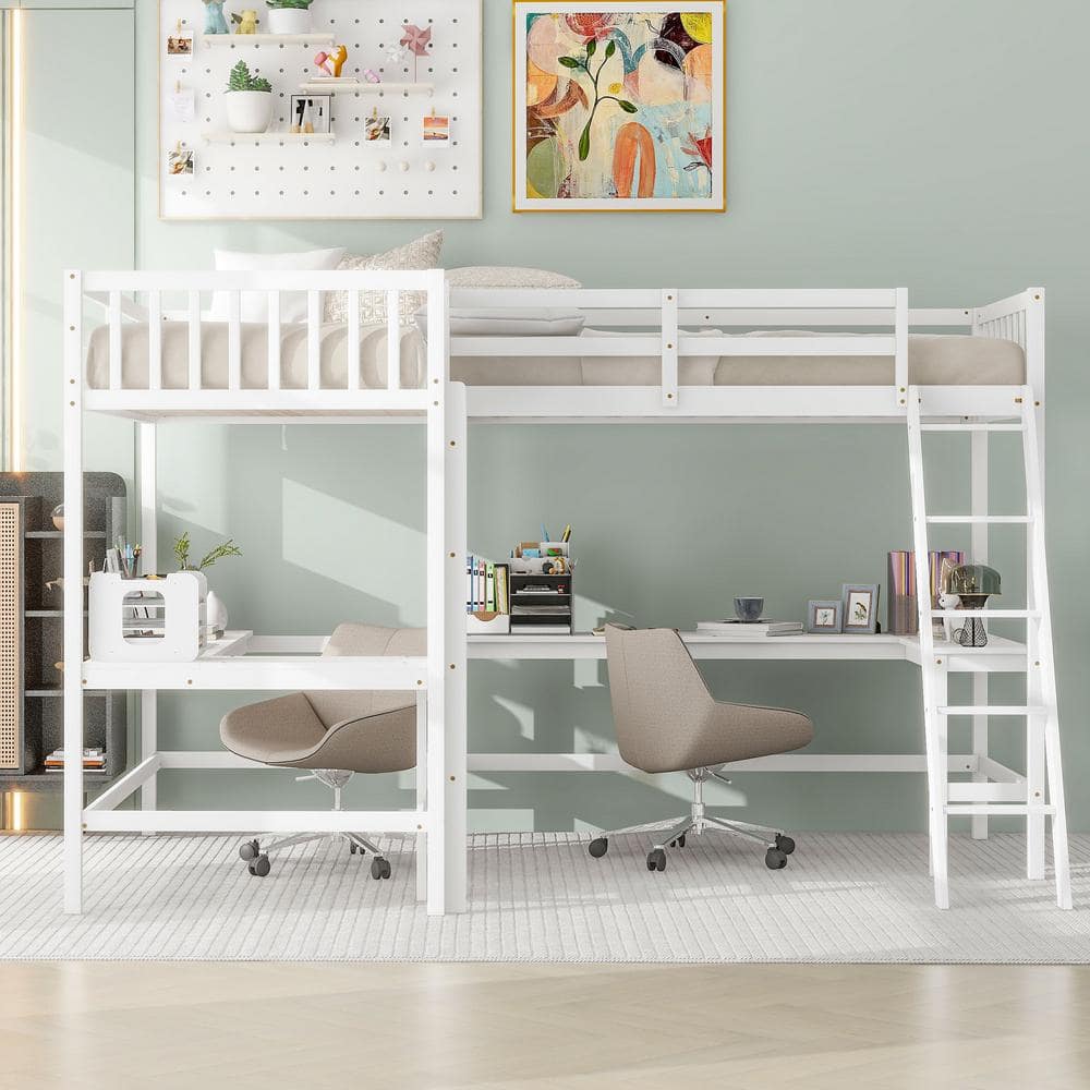 Polibi Wood Twin Size L-Shaped Loft Bed with Ladder and 2 Built-in L-Shaped Desks, White RS ...