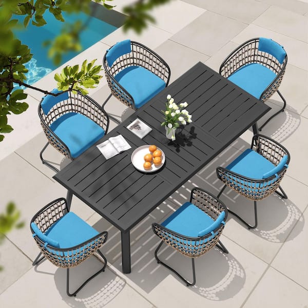 CLOUDFLY 7-Piece Aluminum Outdoor Dining Table Set Includes Black Table ...