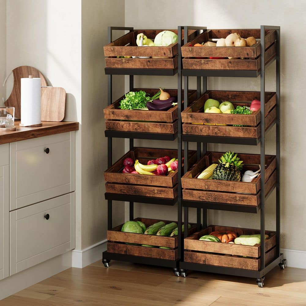 BYBLIGHT 59 in. H Brown Wood 4-Tier Kitchen Cart Mobile Fruit and ...