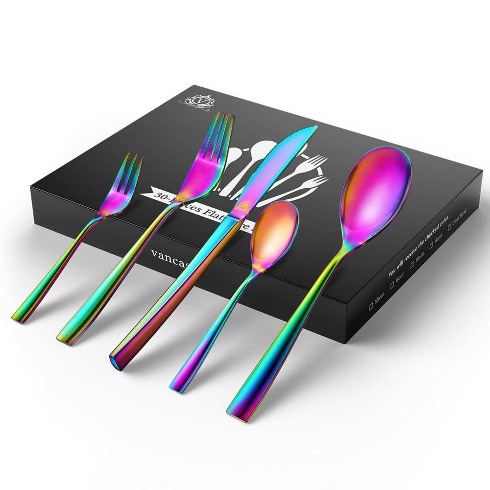 vancasso 30-Piece Rainbow Colors Stainless Steel Flatware Set Serving ...