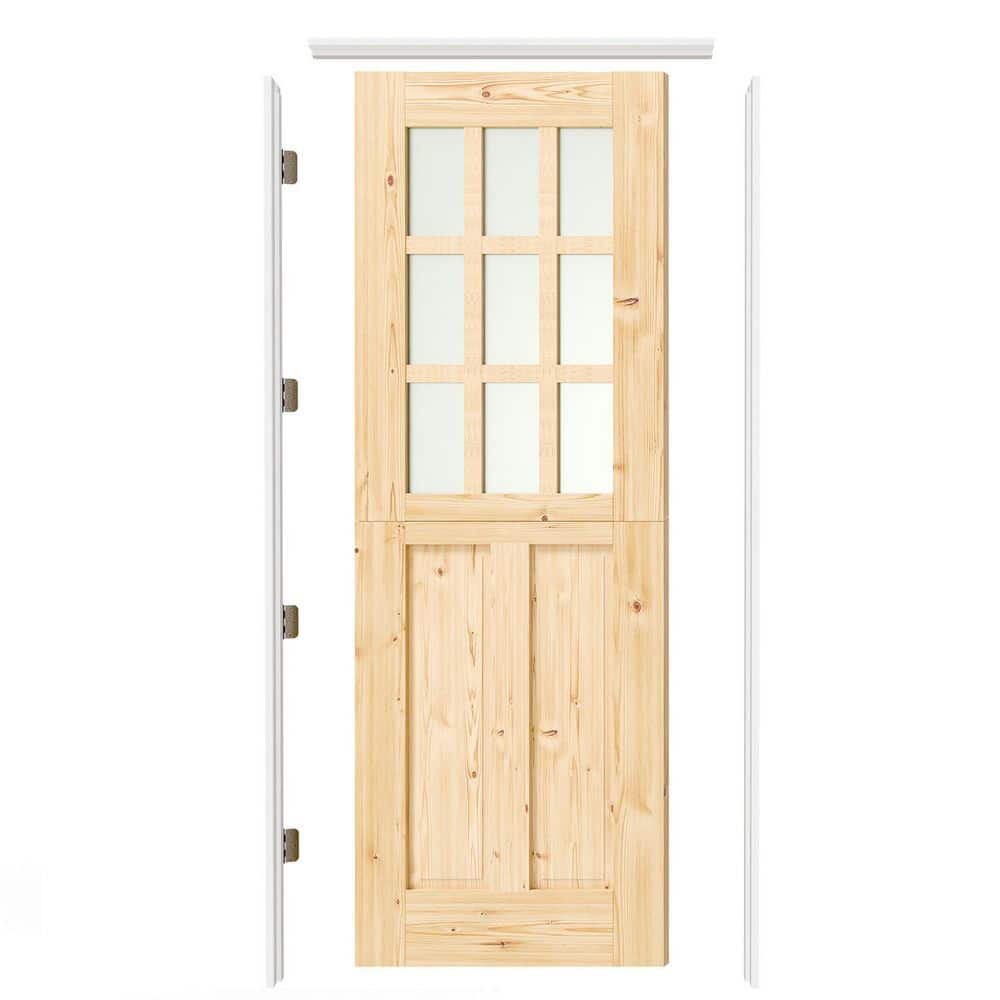 TENONER 32 in. x 80 in. Universal 9-Lite Frosted Glass Pine Wood ...