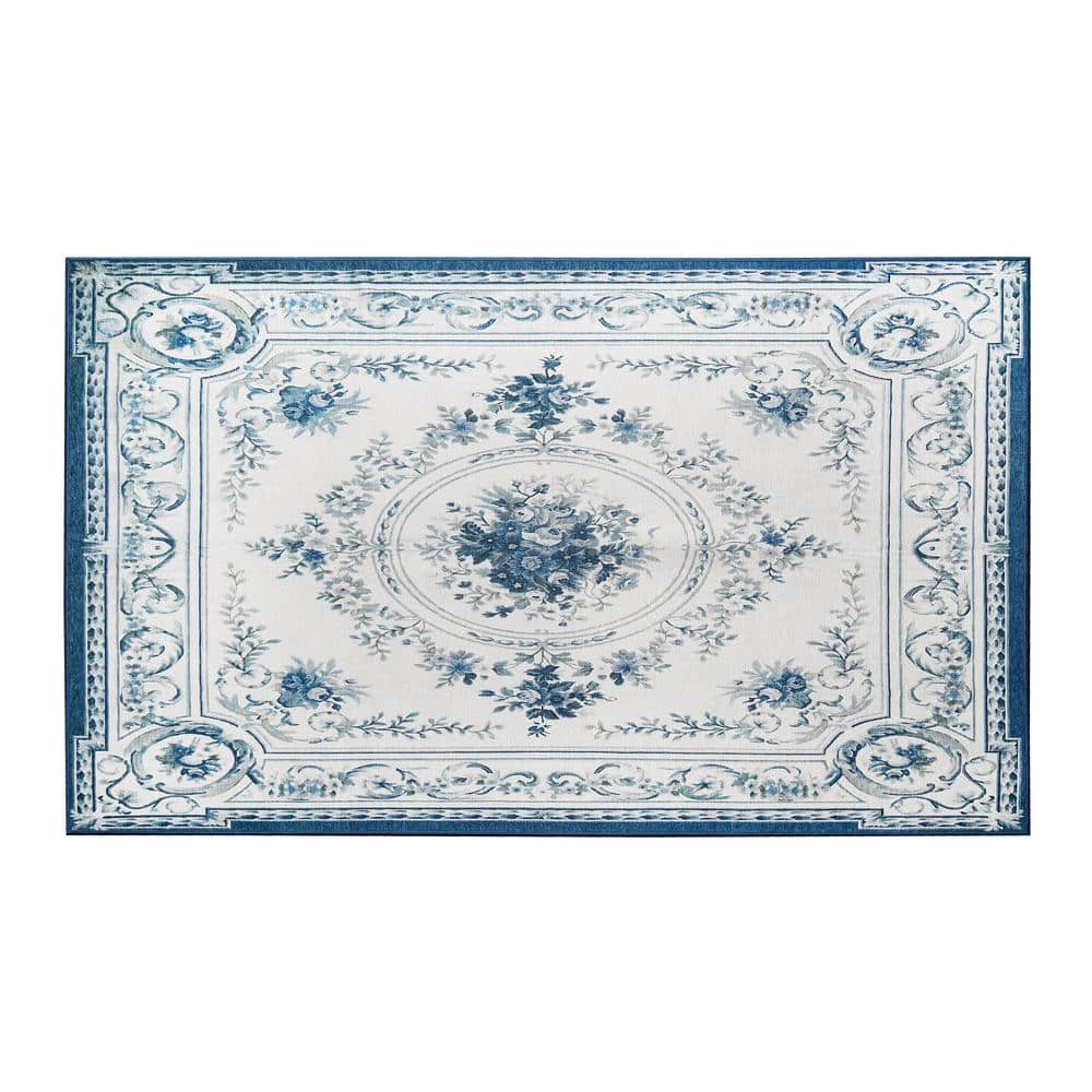 My Magic Carpet Aubusson Blue 3 ft. x 5 ft. Medallion Washable Area Rug ...