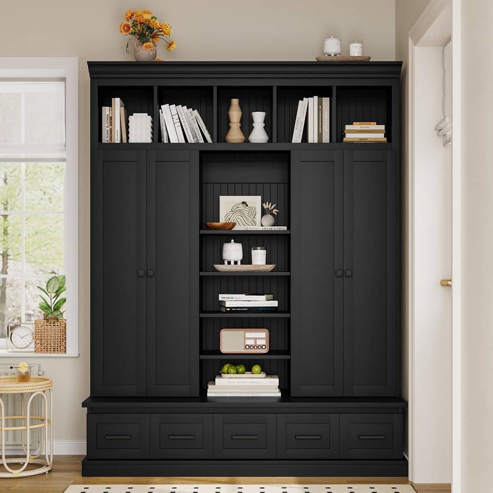 Harper & Bright Designs Black 78.7 in. H Entryway 4-Door Hall Tree with ...