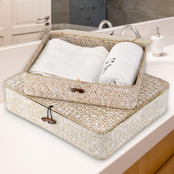 Angel Sar 12.5 in. W x 2.7 in. H Flat Woven Wicker Storage Bins with ...