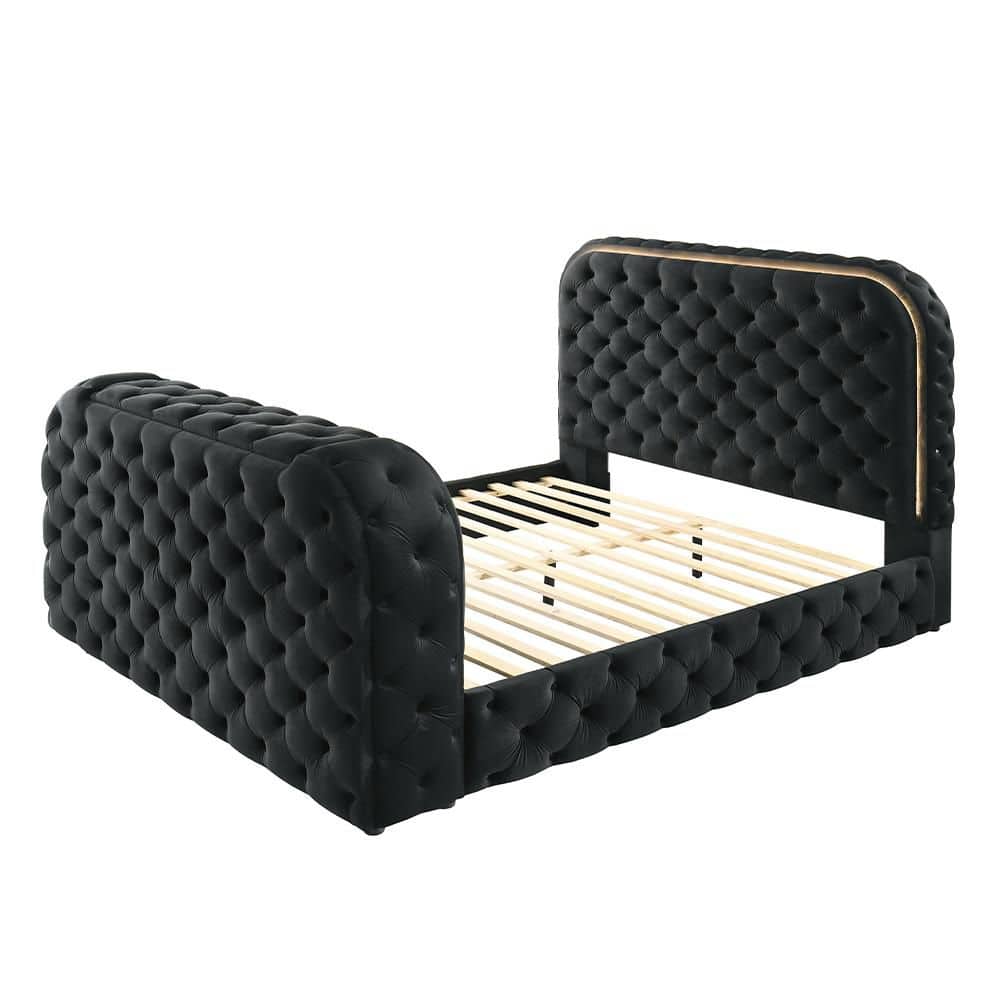 Acme Furniture Kana Black Upholstery Velvet Wood Frame Queen Panel Bed ...